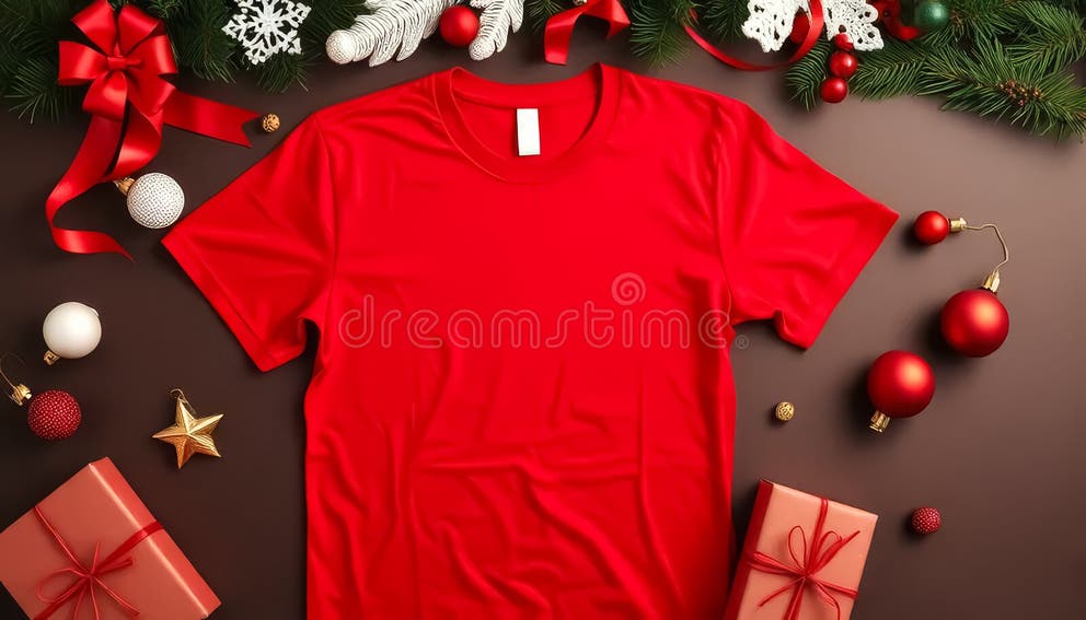 A Red T-shirt is on a Table with a Bunch of Christmas Decorations Stock ...