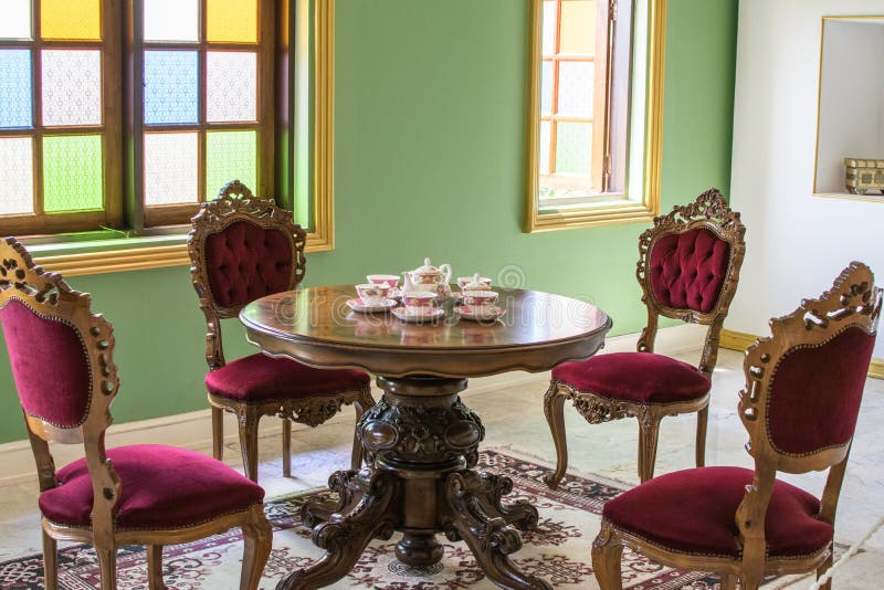 Red Table with Afternoon Tea Set Comfortable Corner Stock Photo - Image ...