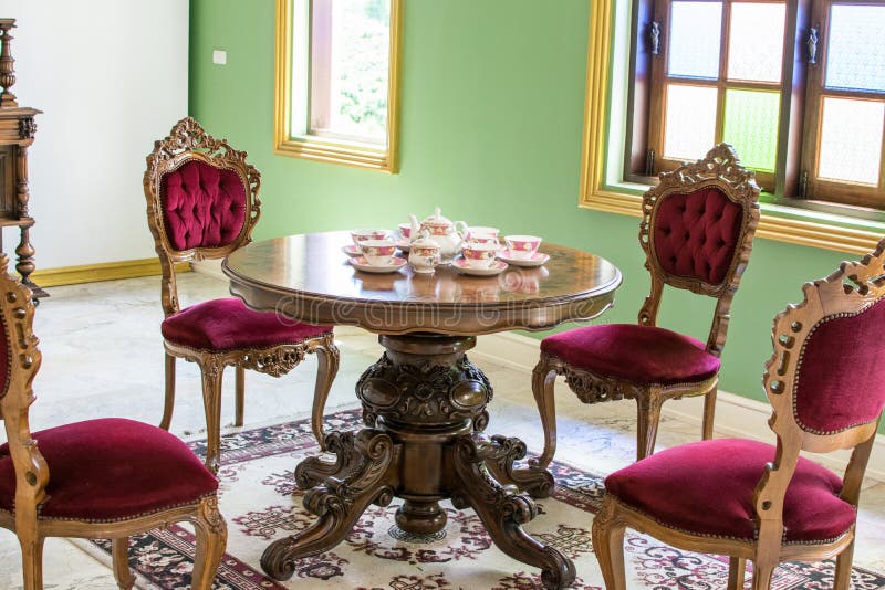 Red Table with Afternoon Tea Set Comfortable Corner Stock Photo - Image ...