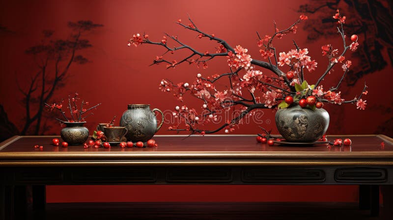 A Red Table with Some Chinese Decoration on it Chinese Background Stock ...