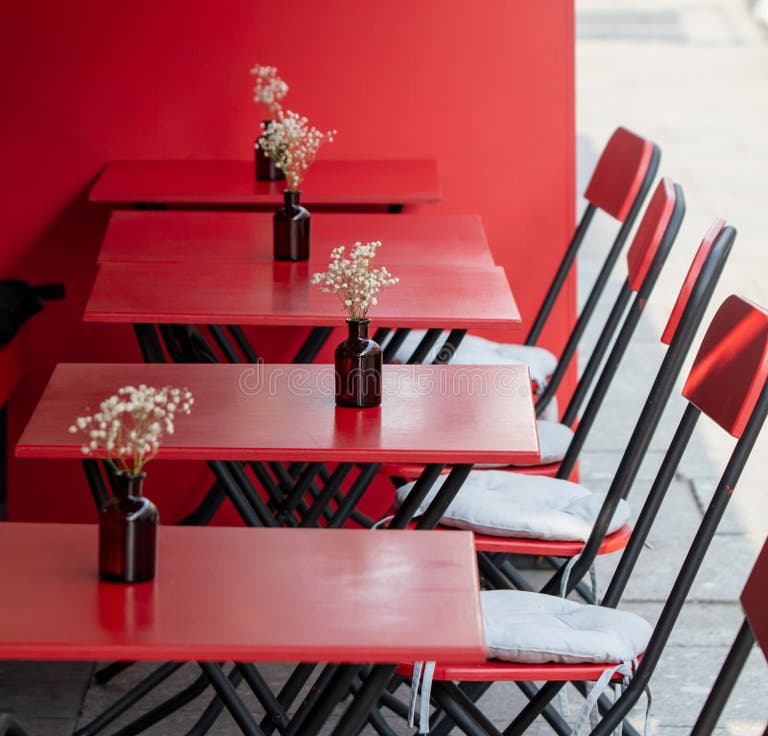 Red Tables with Chairs in a Cafe Stock Image - Image of chair, colorful ...