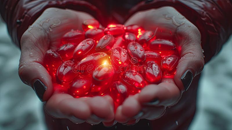 Red Tablets with Liquid in People S Hands, in the Style of Dark Amber ...