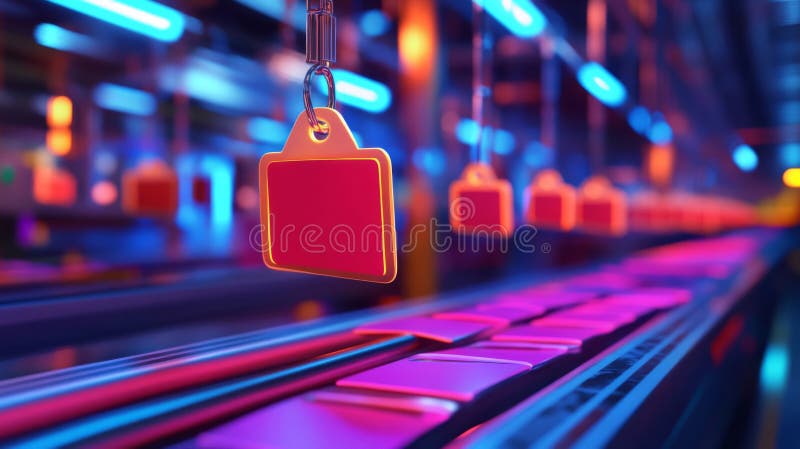 A Red Tag Hanging Over a Conveyor Belt in a Factory Stock Illustration ...