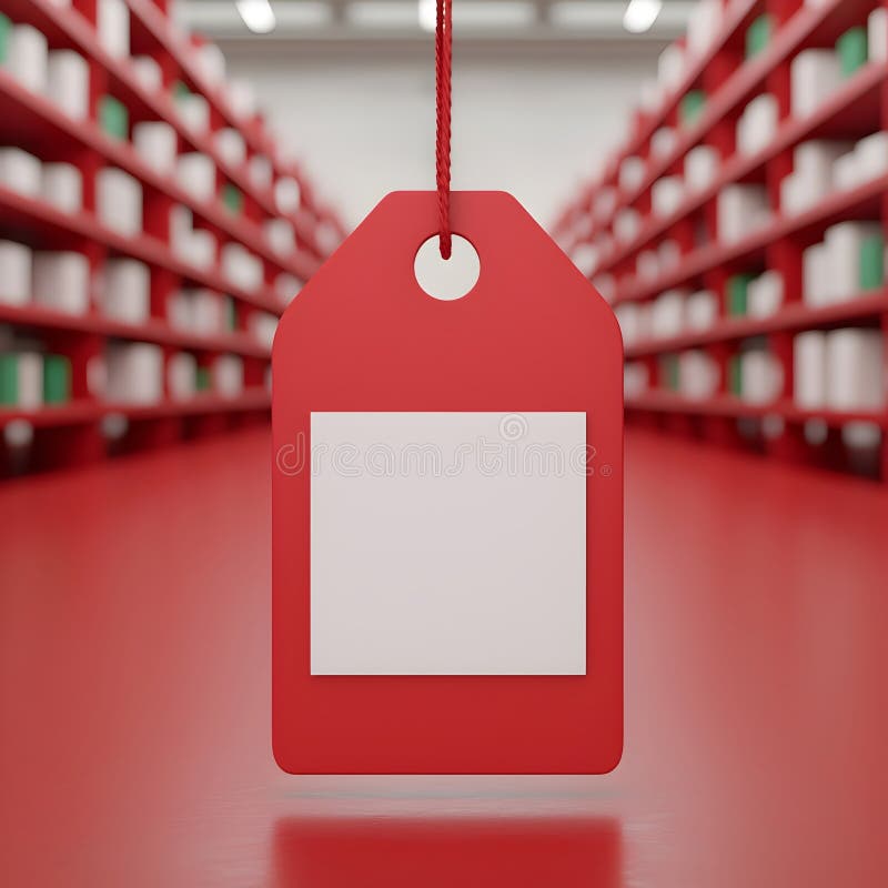 Red Tag in Warehouse with Shelves in Background Stock Illustration ...