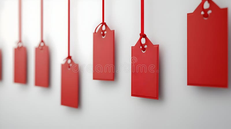 Red Tags Hanging on White Wall - 3D Illustration Stock Illustration ...