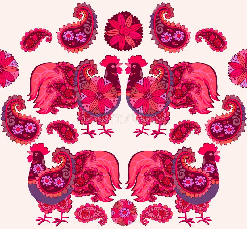 Red-tailed Badass Roosters Painted in Folklore Style. Bright Seamless ...