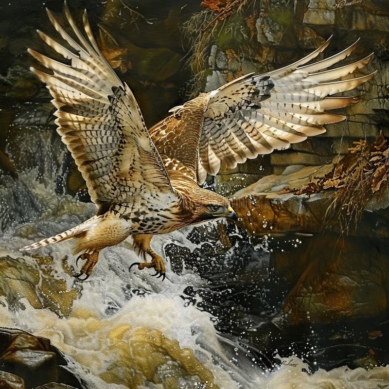 Red-tailed Hawk Catching Fish in a Rocky Stream Stock Illustration ...
