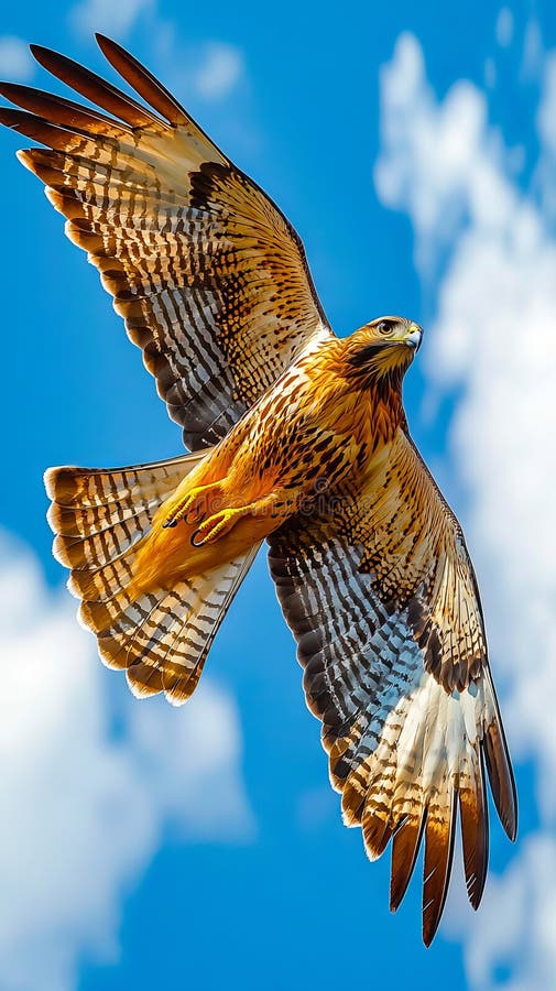 A Red Tailed Hawk Flying through a Blue Sky with Clouds Stock Photo ...