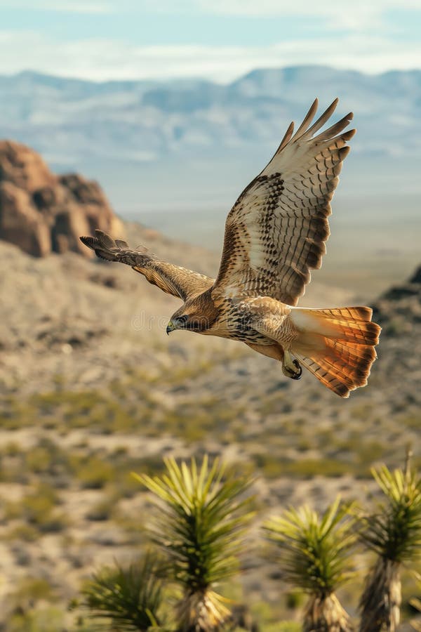 Red-tailed Hawk Flying Over a Desert Landscape Stock Photo - Image of ...