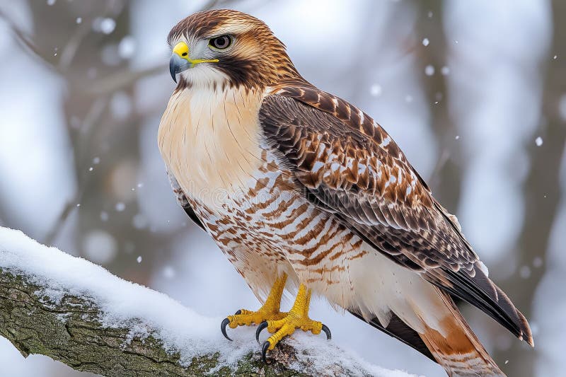 Red Tailed Hawk Perched on a Snow Covered Branch during Snowfall Stock ...