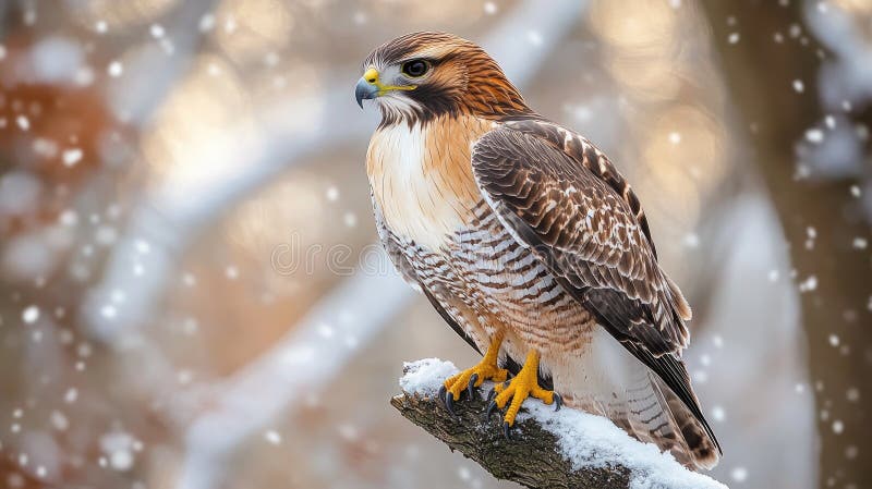 Red Tailed Hawk Perched on a Snow Covered Branch during Snowfall Stock ...