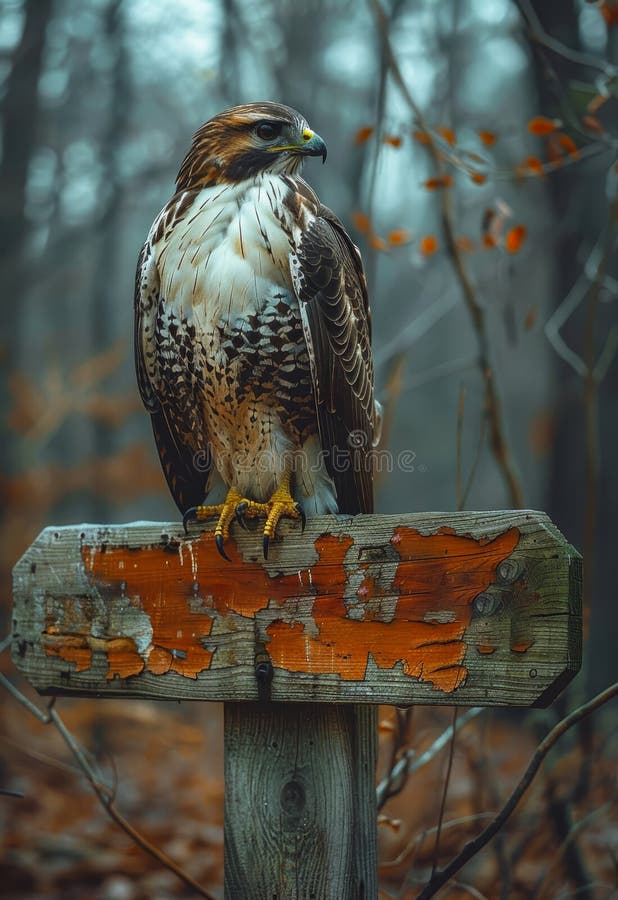 Red-tailed Hawk Perched on Wooden Sign in the Woods Stock Image - Image ...