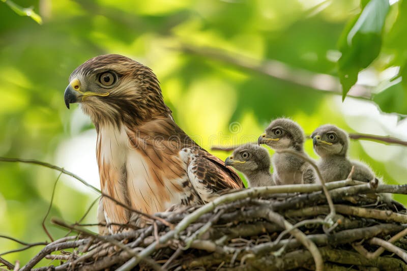 Red-tailed Hawk Protecting Chicks in Nest Stock Photo - Image of baby ...