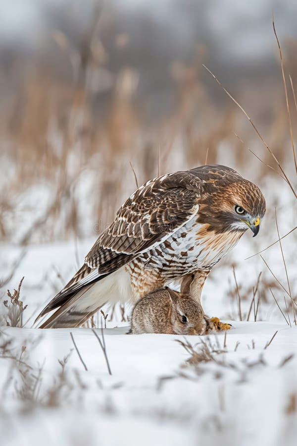 Red-tailed Hawk Protecting Its Rabbit Prey in Winter Snow Stock Image ...