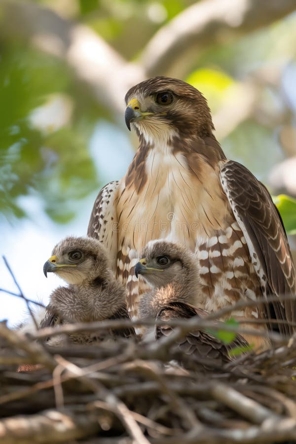 Red-tailed Hawk Protecting Young Chicks in Nest Stock Photo - Image of ...