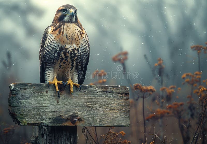 Red Tailed Hawk Sitting on Wooden Sign in Field. Hawk Perches on Wooden ...