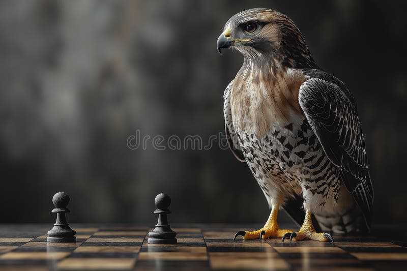 Red-tailed Hawk Standing on Chessboard, Facing Two Pawns Stock ...