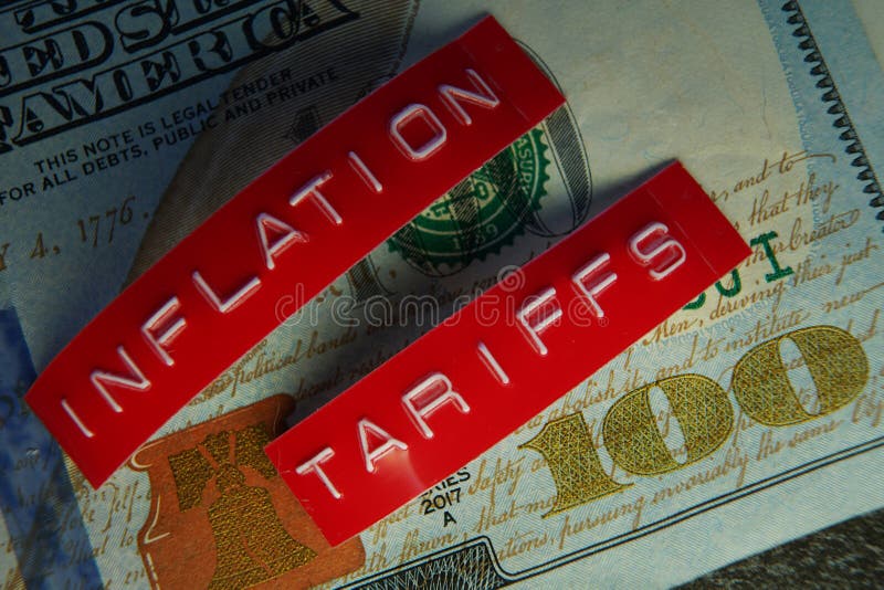 Red Tariffs and Inflation Labels on a Hundred Dollar Bill Stock Image ...