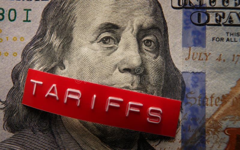 Red Tariffs Label on a Hundred Dollar Bill Stock Image - Image of ...
