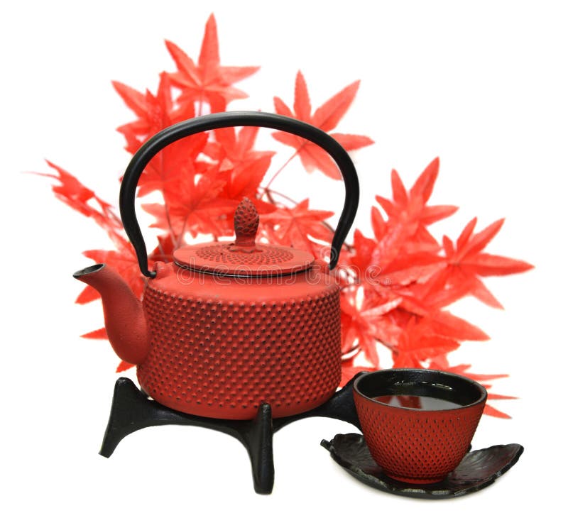 Red Tea Pot with Cup and Maple Leaves Stock Photo - Image of crockery ...