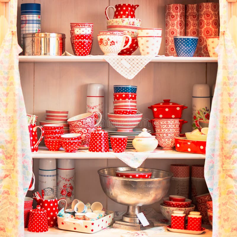 Red Tea Sets Cups on the Shelves Stock Image - Image of colorful ...