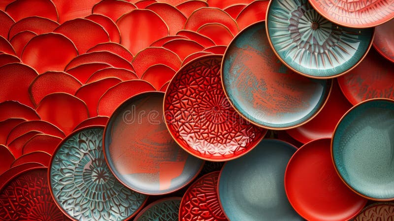 Red and Teal Ceramic Plates with Intricate Patterns, Brightly Arranged ...
