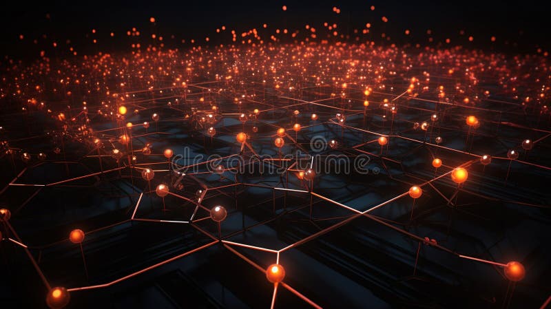 Red Technology Connected Dots on Dark Futuristic Background Stock ...