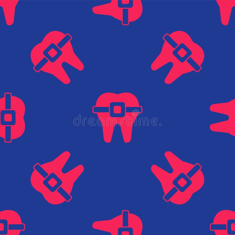 Red Teeth with Braces Icon Isolated Seamless Pattern on Blue Background ...