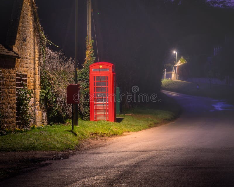 Red Telephone Box in the Cotswolds at Night Stock Image - Image of ...