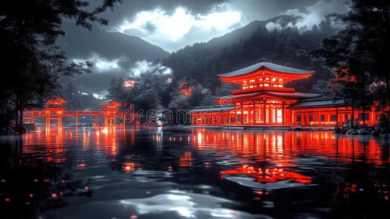 Red Temple Night Reflection Stock Image - Image of night, enchanting ...