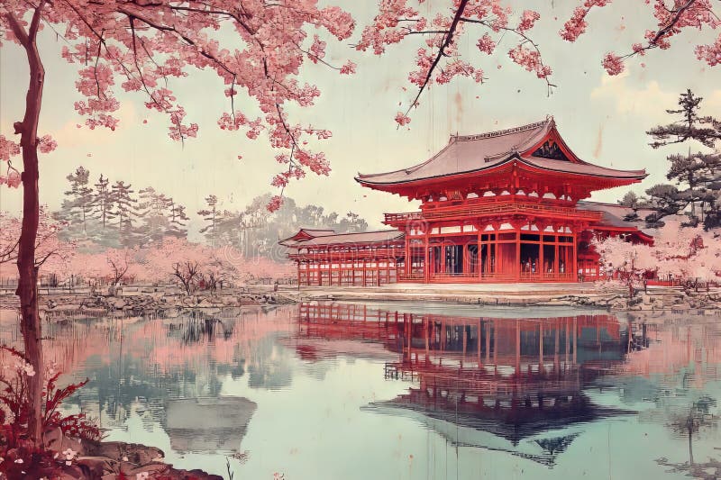 Red Temple Reflected in a Still Pond with Pink Cherry Blossoms. Stock ...