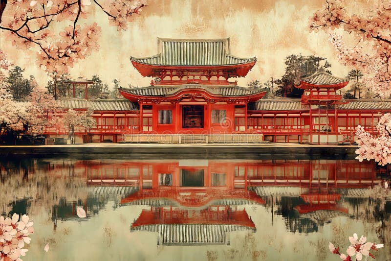 A Red Temple with a Reflection in a Pond, Surrounded by Blooming Pink ...