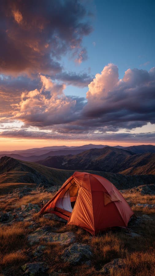 Red Tent on Mountaintop at Sunset Stock Illustration - Illustration of ...