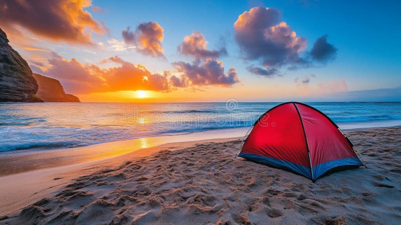 Red Tent on Sandy Beach at Sunset Stock Illustration - Illustration of ...