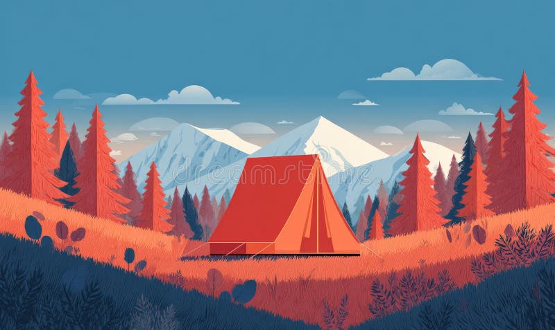 A Red Tent Set Up in Front of Snowy Mountains Under a Bright Sun, with Pine Trees Around Stock ...