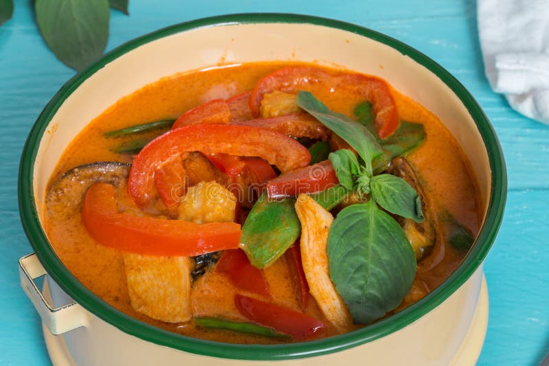 Red Thai Curry in a Bowl on Turquoise Wooden Table Stock Photo - Image ...