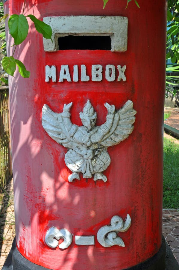 Red Thailand post mail box stock photo. Image of correspondence - 210710862