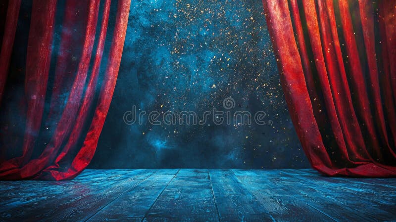 Red Theater Curtains Opening Onto a Starry Blue Background Stock Photo ...