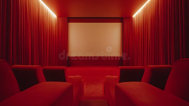 Red Theater Room with Empty Seats and a Blank Screen. Stock Photo ...