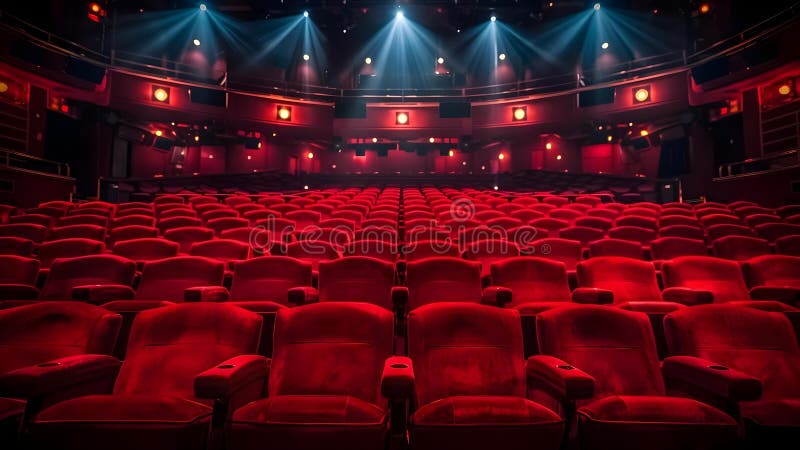 Red Theater Seats Under Spotlights in a Dark Auditorium. Concept ...