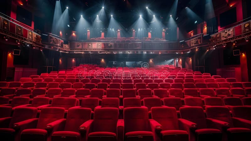 Red Theater Seats Under Spotlights in a Dark Auditorium. Concept ...