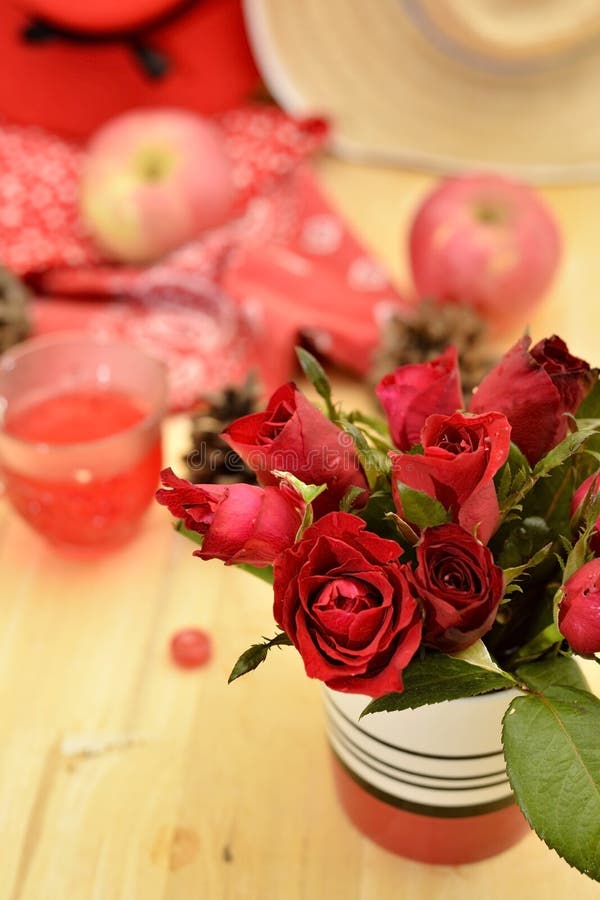 Red Theme Rose Vintage Lamp Apple Decor Idea Backround Stock Image ...