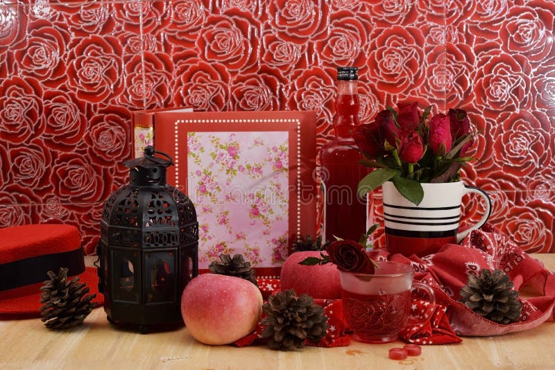 Red Theme Rose Vintage Lamp Apple Decor Idea Backround Stock Photo ...