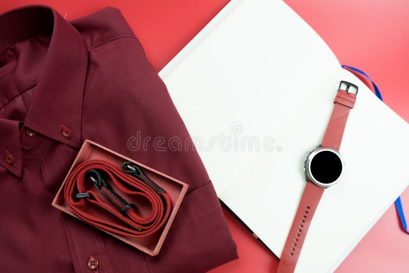 Red Theme with Shirt, Smart Watch and Mini Paper Notebook Stock Image ...