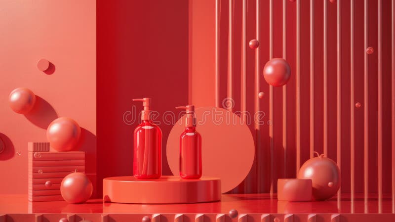 Red-themed Abstract Display with Bottles and Spheres Stock Photo ...