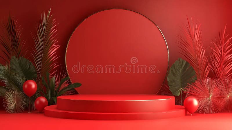 Red-themed Presentation Backdrop with Circular Display and Tropical ...