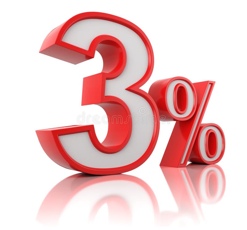 Red Three Percent on White Reflective Background. 3d Rendering ...
