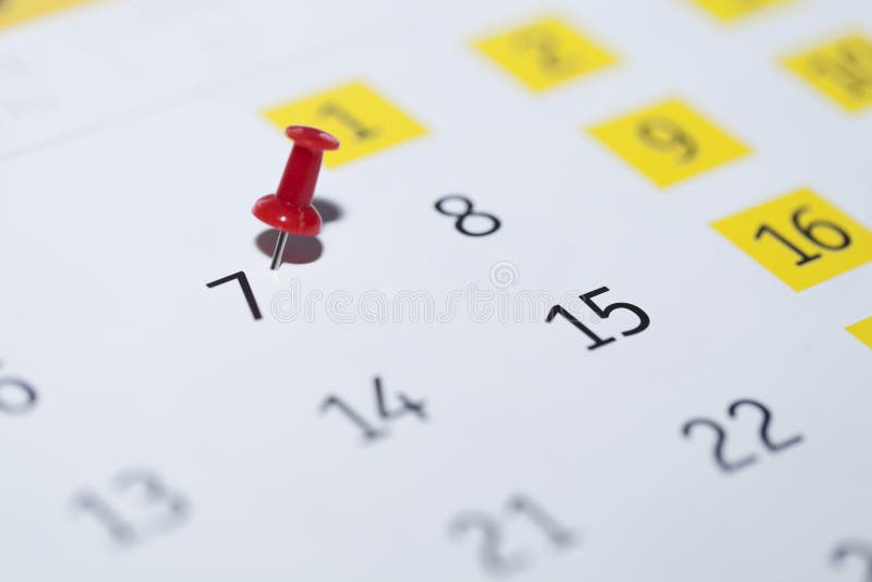 Red Thumb Tack on Calendar Page Stock Image - Image of personal, event ...