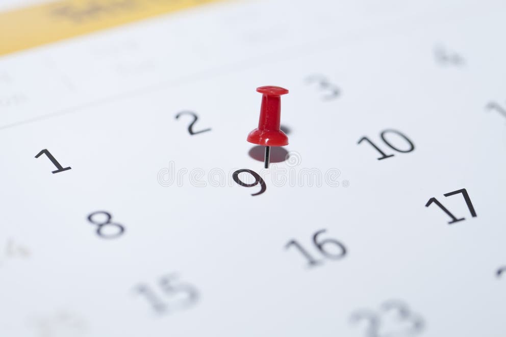 Red Thumb Tack on Calendar Page Stock Image - Image of organizer, focus ...