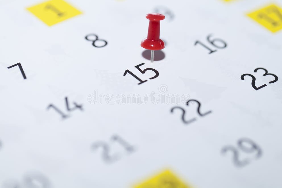 Red Thumb Tack on Calendar Page Stock Photo - Image of ideas, planning ...
